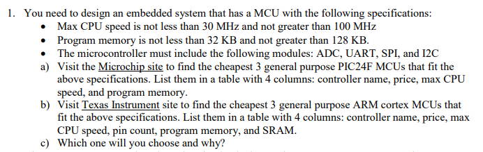 Solved 1. You need to design an embedded system that has a | Chegg.com