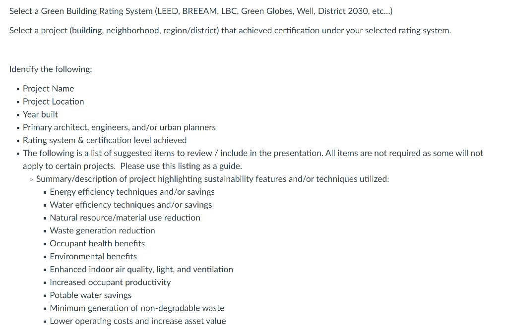 Solved Select a Green Building Rating System (LEED, BREEAM, | Chegg.com