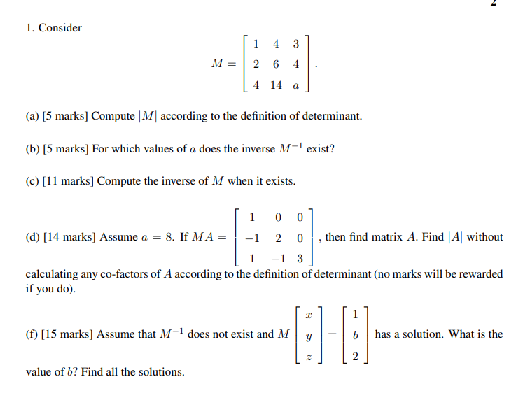 Solved 1. Consider 1 4 3 M 26 4 4 14 a (a) [5 marks] Compute | Chegg.com