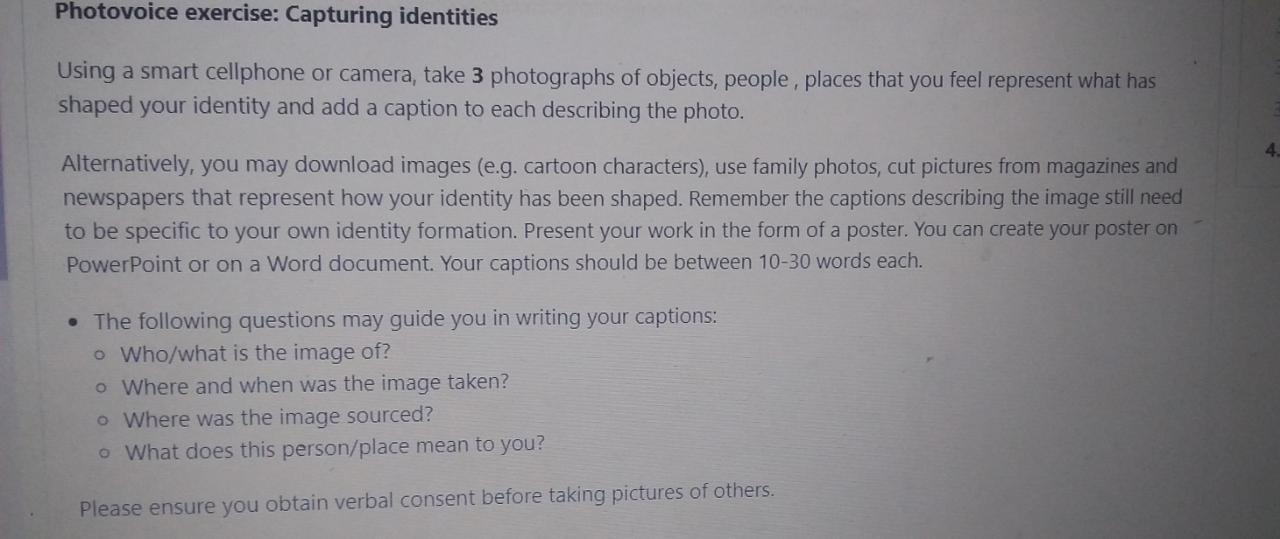 Photovoice exercise: Capturing identities Using a | Chegg.com