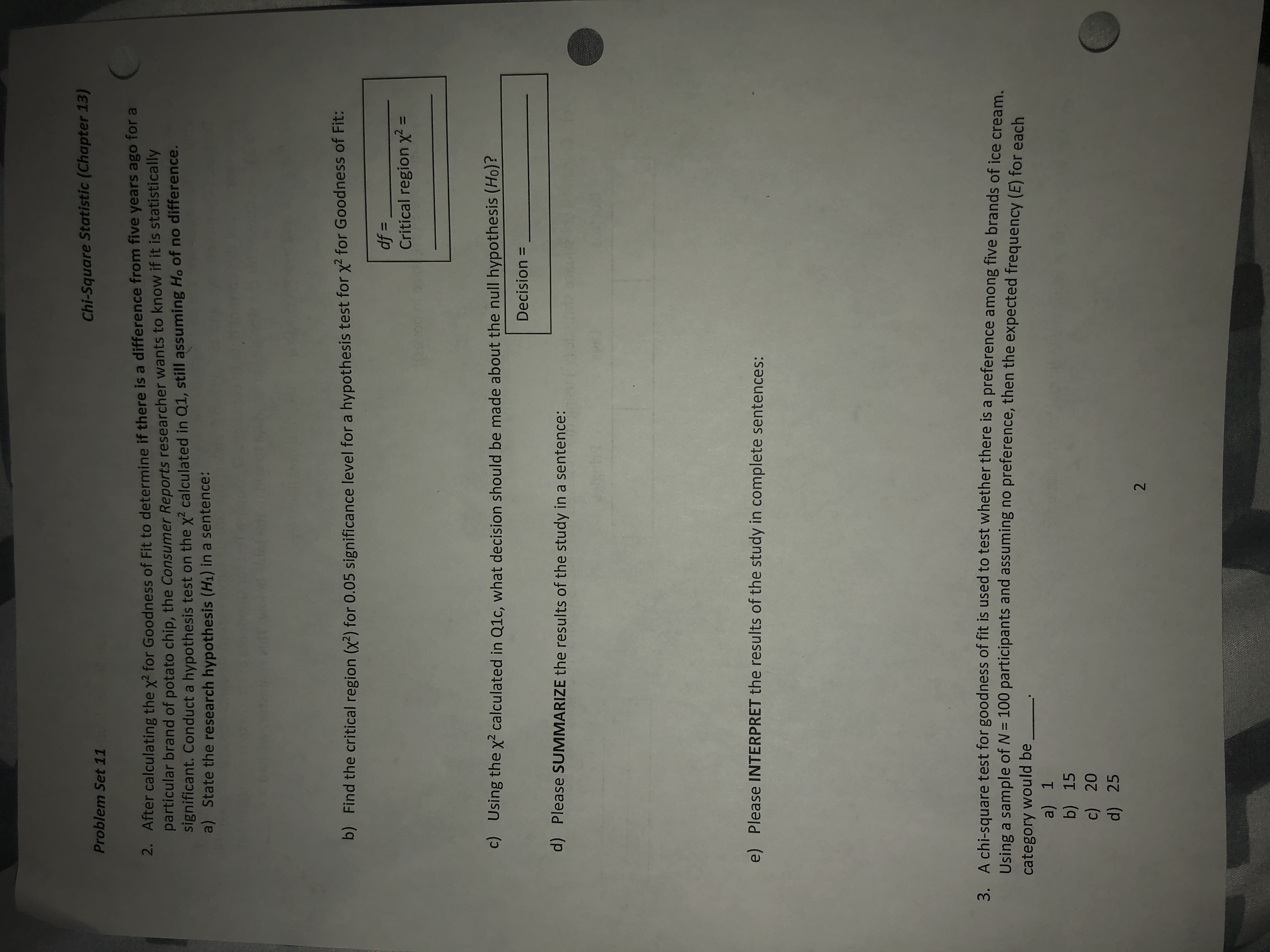 Solved Problem Set 11 Chi-Square Statistic (Chapter 13) | Chegg.com