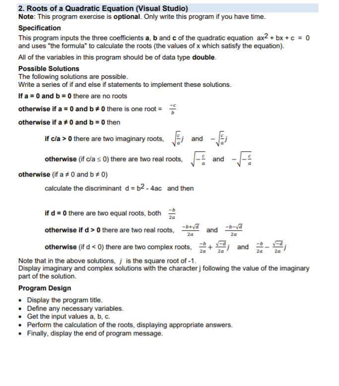 Solved 2. Roots of a Quadratic Equation (Visual Studio) | Chegg.com