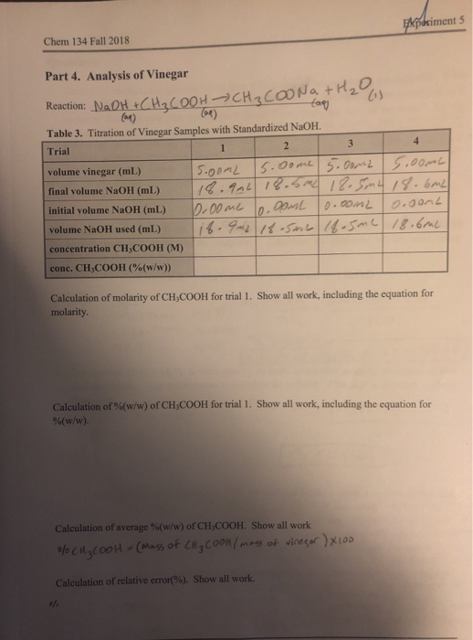 Hem 134 Fall 2018 Data and Results Part 2. Standard | Chegg.com