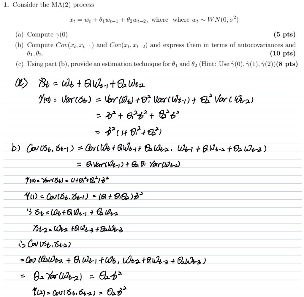 1. Consider the MA(2) process X+ = w+ + 01Wt-1 + | Chegg.com