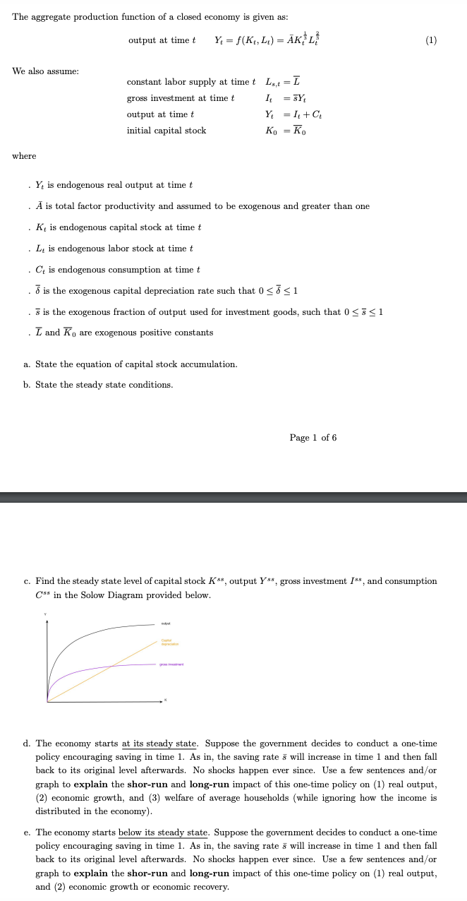Question 1: The Solow Model 25 points The aggregate | Chegg.com