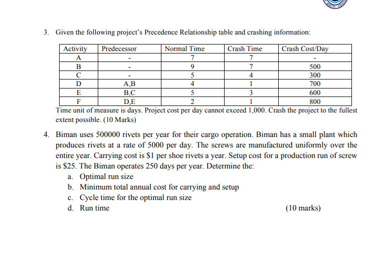 Solved 3. Given the following project's Precedence | Chegg.com
