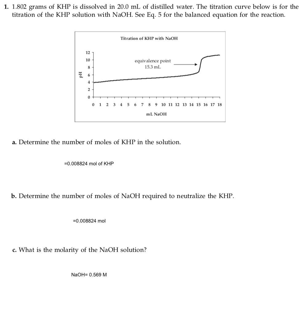 Solved 1. 1.802 grams of KHP is dissolved in 20.0 mL of | Chegg.com