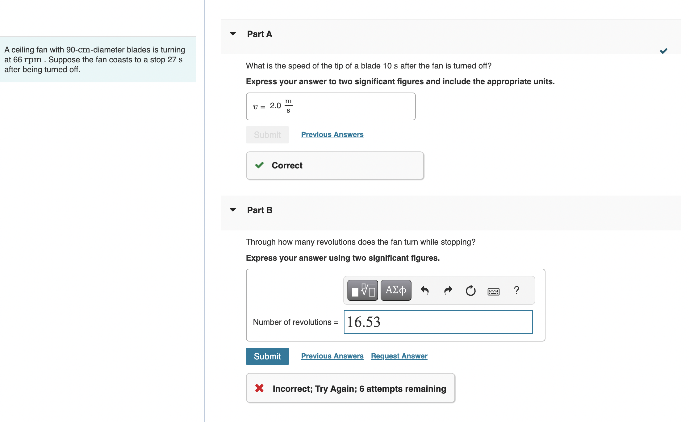 Solved Part AA ceiling fan with 90-cm-diameter blades is | Chegg.com