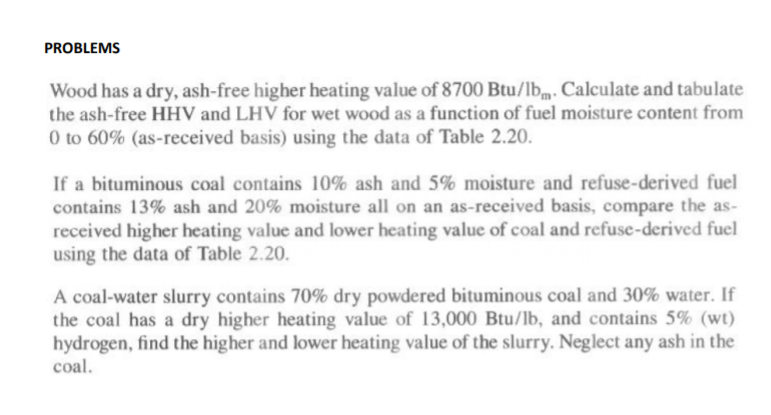 Solved PROBLEMS Wood has a dry, ash-free higher heating | Chegg.com