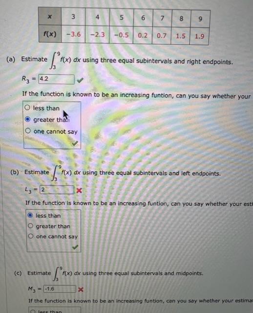Solved E) Estimate ∫39f(x)dx using three equal subintervals | Chegg.com