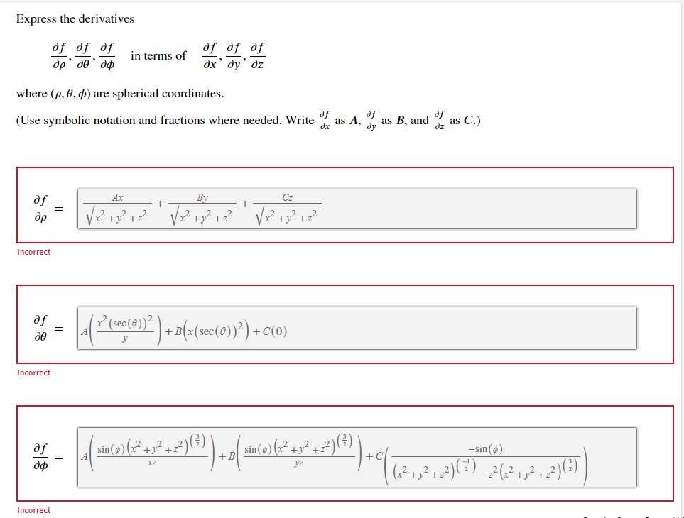 Solved Problem: Express the derivatives ∂f/∂p, ∂f/∂θ, ∂f/∂Φ | Chegg.com