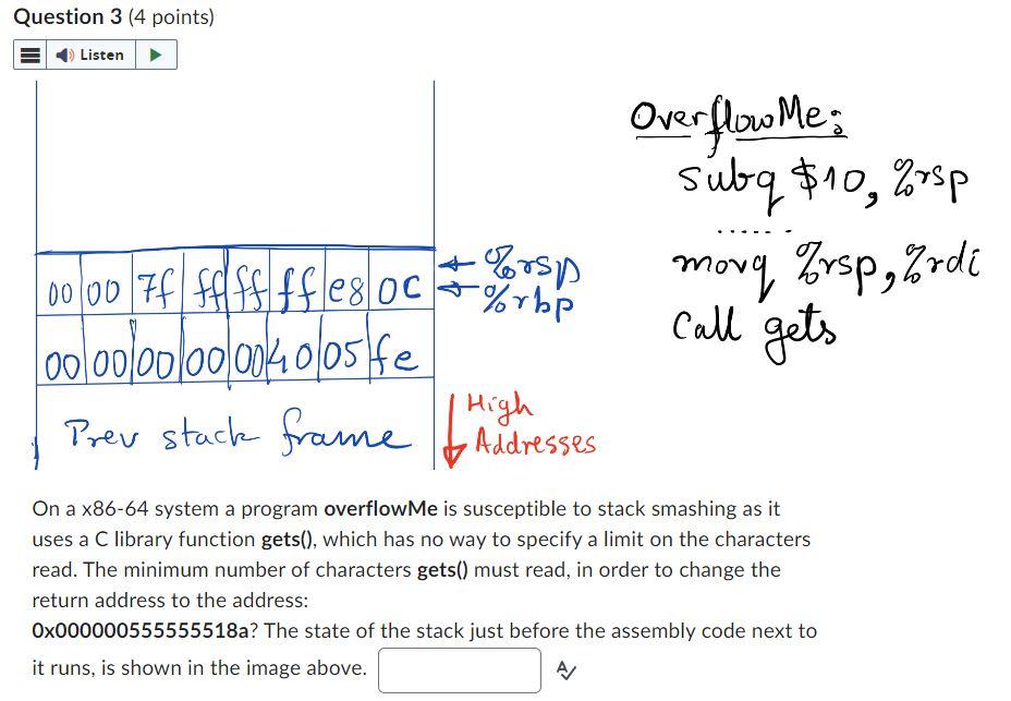 Solved Overflow Me: subq $10, Corsp movq orsp,ordi call gets | Chegg.com