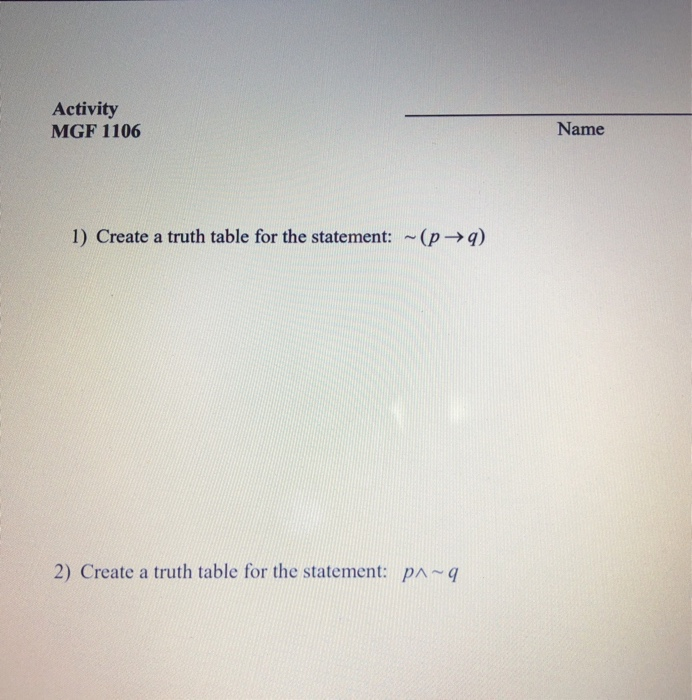Solved Activity MGF 1106 Name 1) Create a truth table for | Chegg.com