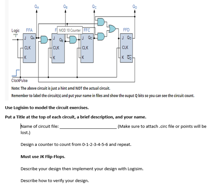 Solved QA Q5 Qc QD Logic "1" MOD 10 Counter FFC FFD FFA JQA | Chegg.com