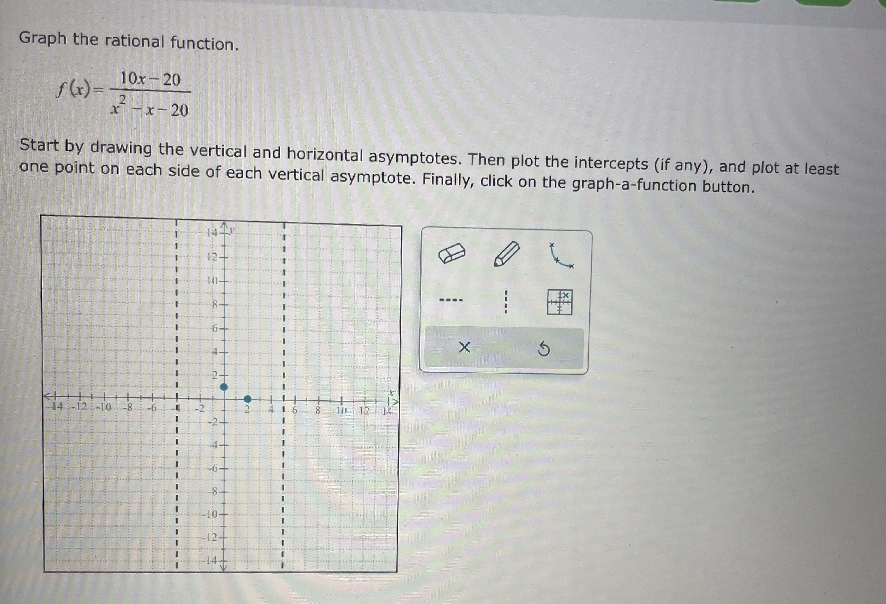 Solved Graph the rational function. f(x)=x2−x−2010x−20 Start | Chegg.com