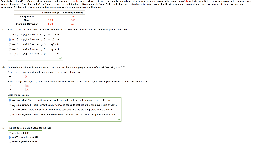 Solved In a study on the effect of an oral rinse on plaque | Chegg.com