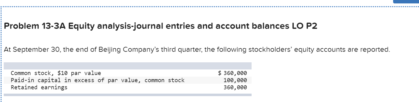 Solved Problem 13-3A Equity analysis-journal entries and | Chegg.com