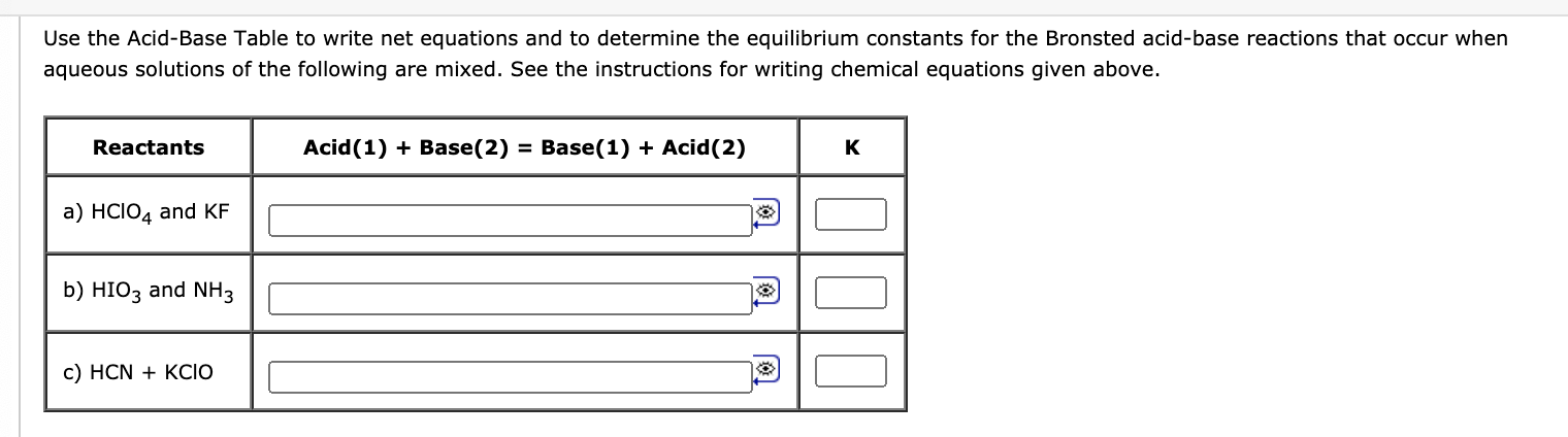 Solved Use the Acid-Base Table to write net equations and to | Chegg.com