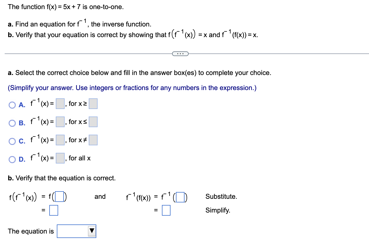 Solved The function f(x)=5x+7 ﻿is one-to-one.a. ﻿Find an | Chegg.com