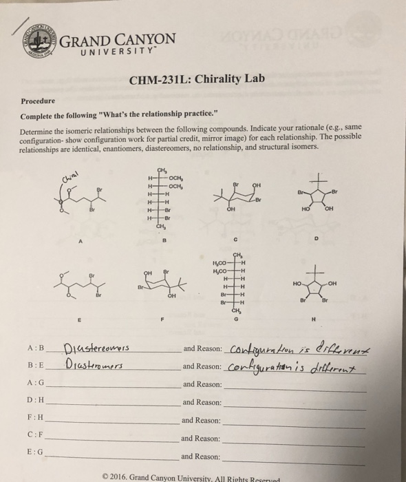 Solved GRAND CANYON UNIVERSITY CHM-231L: Chirality Lab | Chegg.com