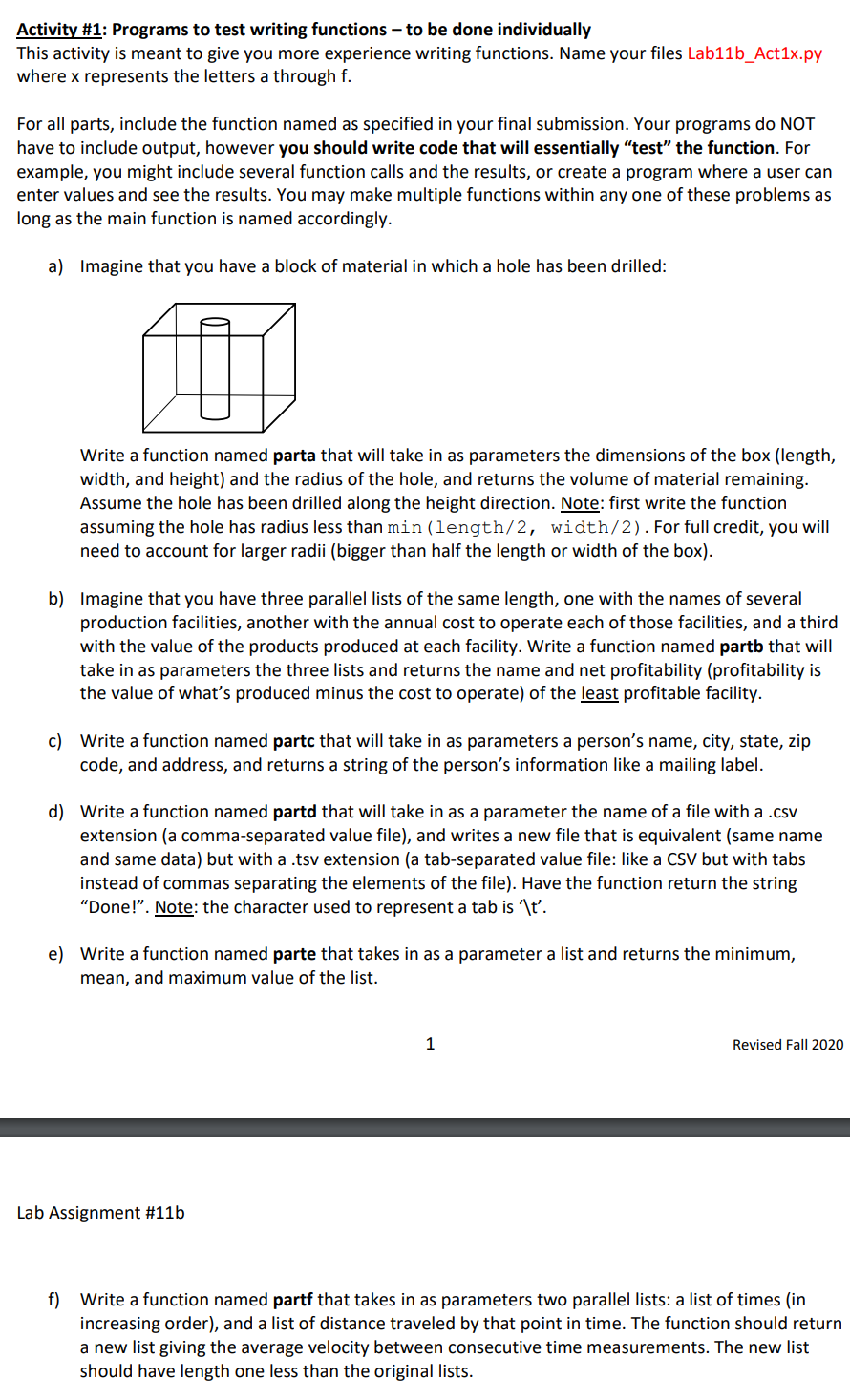 Activity 1 Programs To Test Writing Functions To