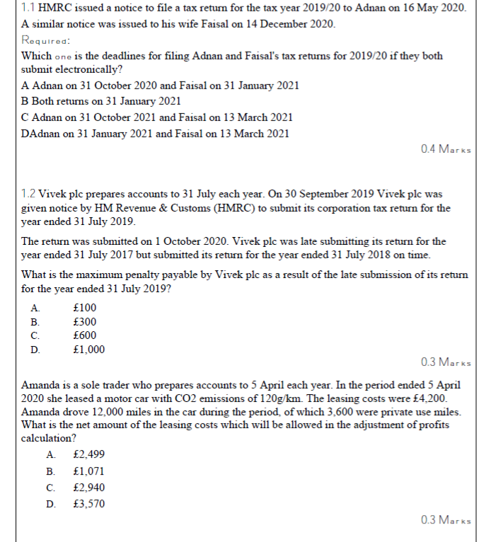 Solved 1.1 HMRC issued a notice to file a tax return for the | Chegg.com