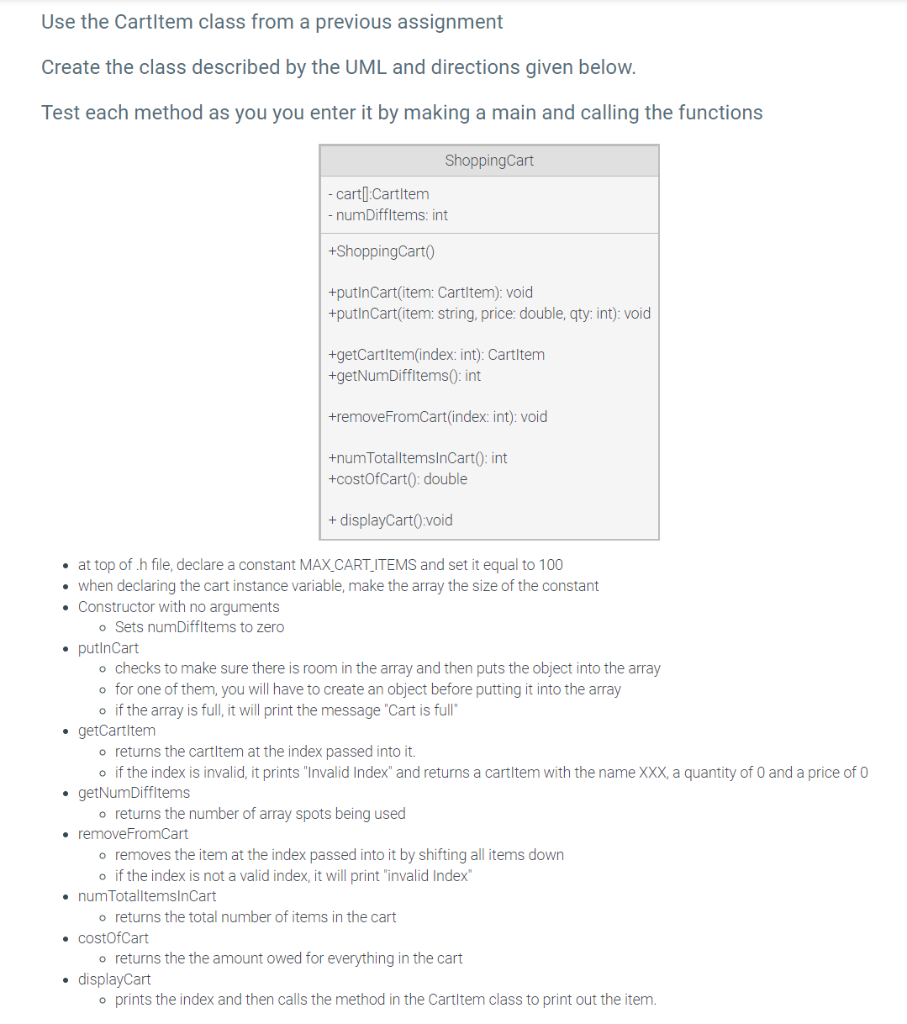 Solved Use the CartItem class from a previous assignment | Chegg.com