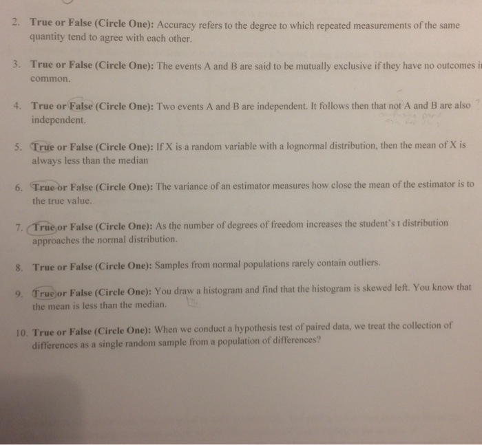 Solved True or False (Circle One): Accuracy refers to the | Chegg.com
