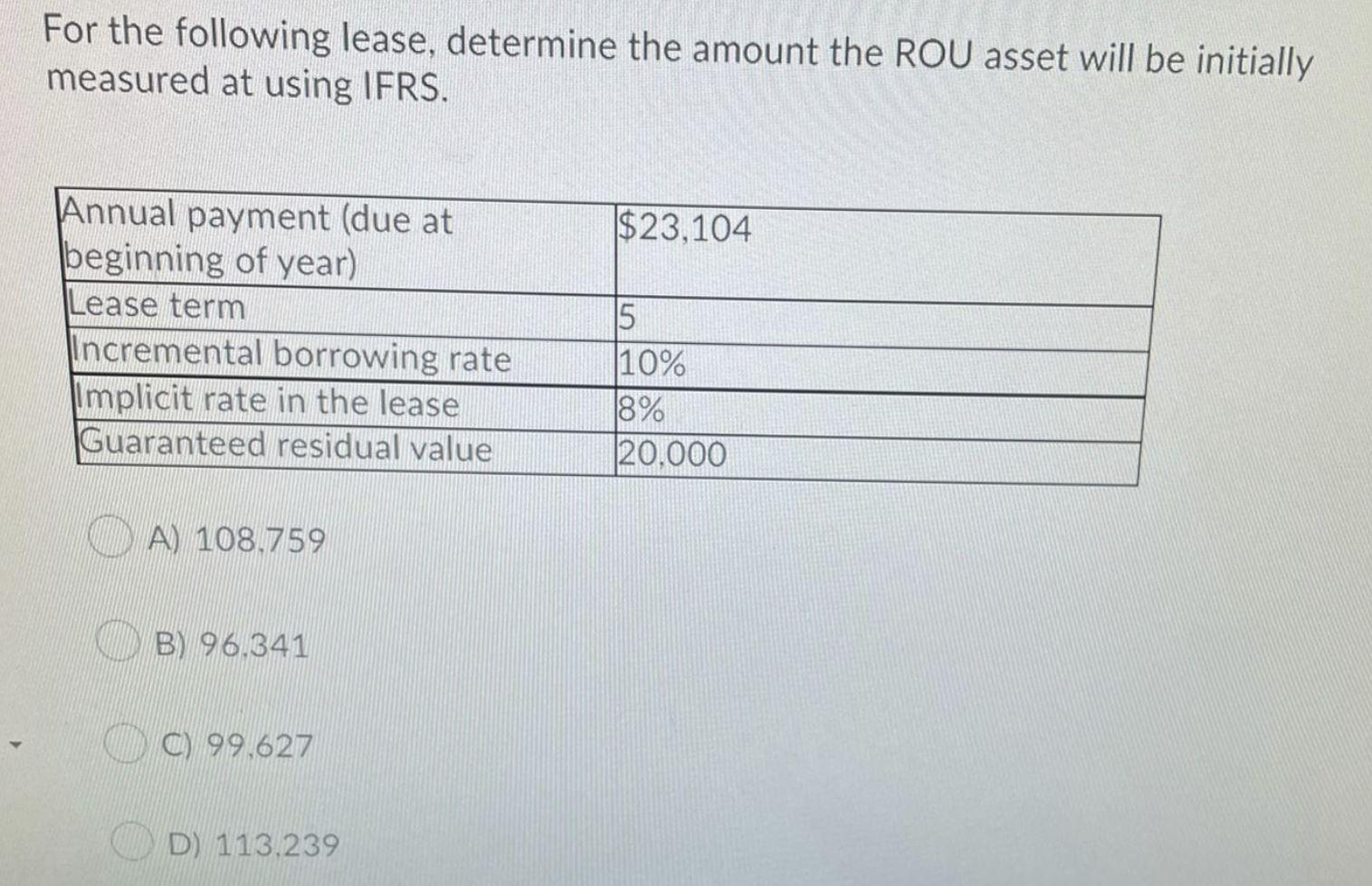 Solved For the following lease, determine the amount the ROU | Chegg.com