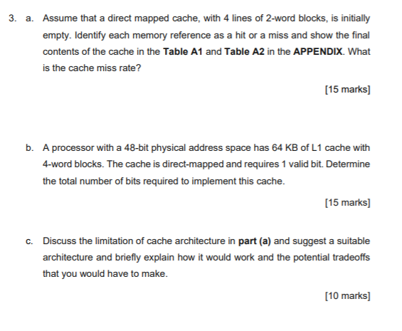 Solved 3. a. Assume that a direct mapped cache, with 4 lines | Chegg.com