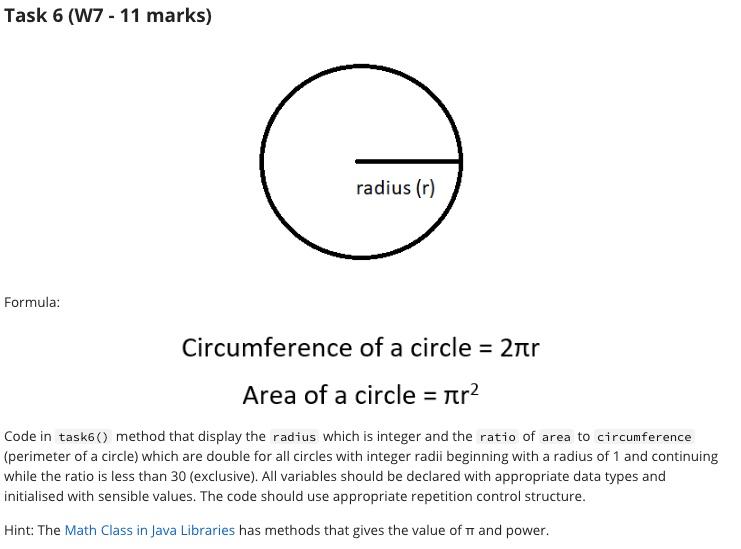 Solved Task 6 (W7 - 11 marks) radius (r) Formula: | Chegg.com