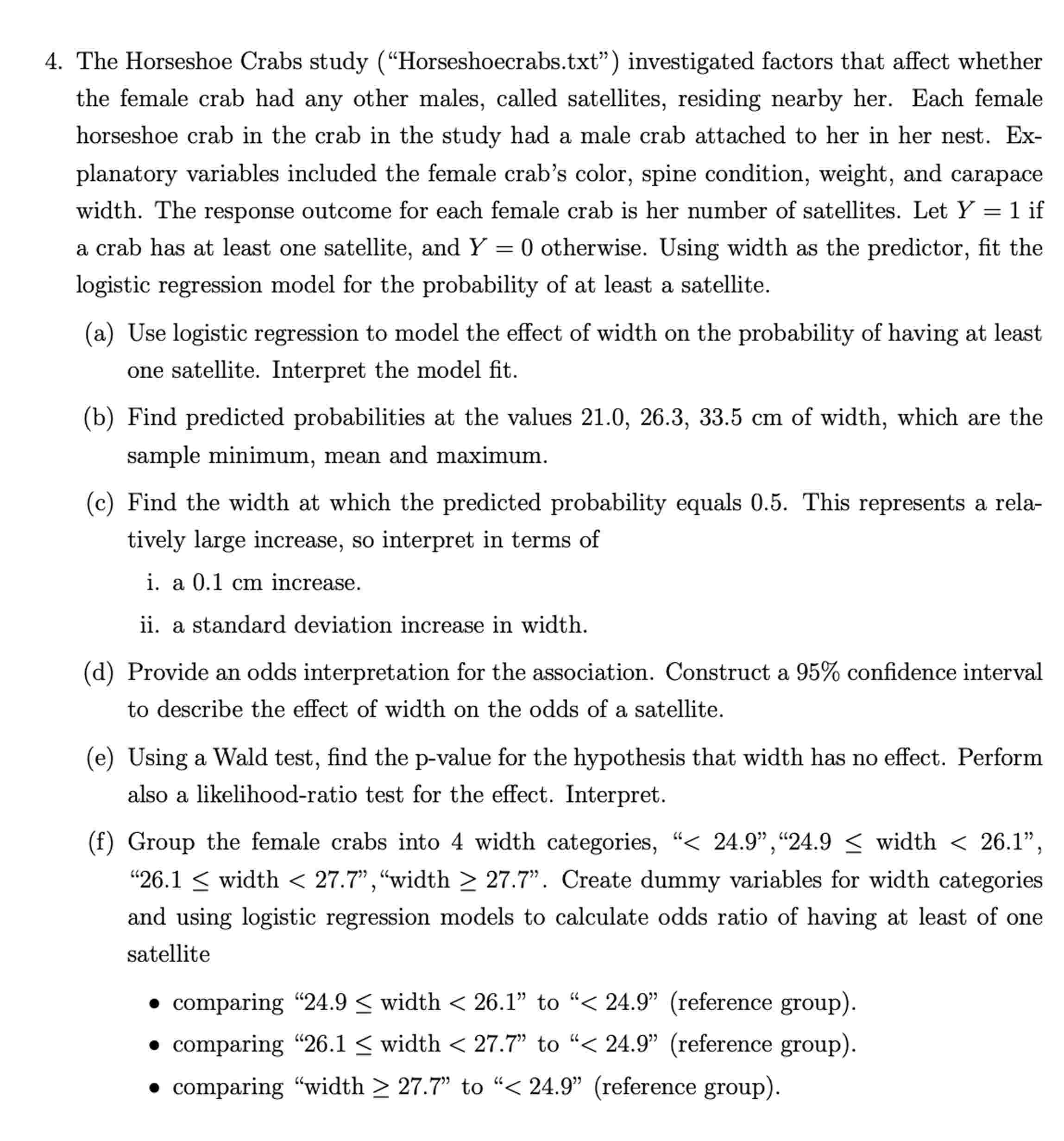 Solved The Horseshoe Crabs study ("Horseshoecrabs.txt") | Chegg.com