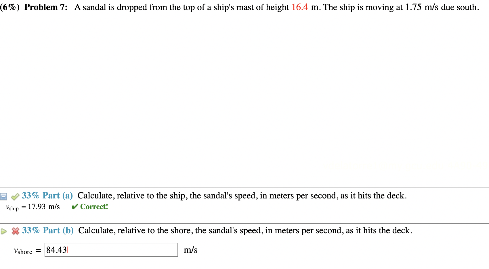 Solved (6\%) Problem 7: A sandal is dropped from the top of | Chegg.com