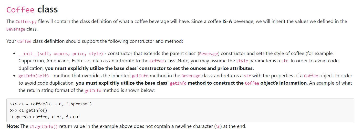 You will need to create five files: - Beverage.py - | Chegg.com