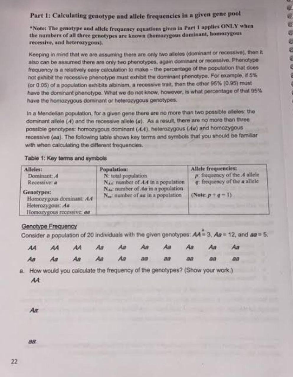 Solved Part 1: Calculating genotype and allele frequencies | Chegg.com