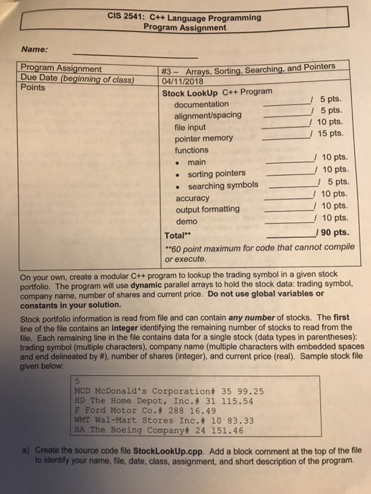 Solved CIS 2541: C++ Language Programming Program Assignment | Chegg.com