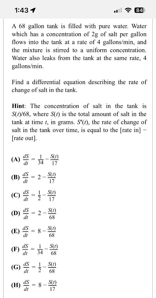 Solved A 68 gallon tank is filled with pure water. Water | Chegg.com