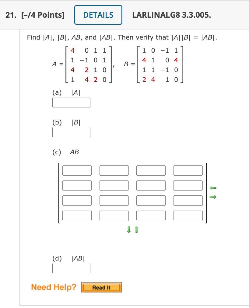 Solved Find ∣A∣,∣B∣,AB, and ∣AB∣. Then verify that | Chegg.com