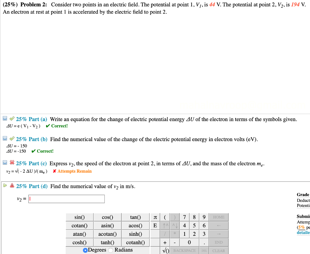 Solved (25%) Problem 2: Consider two points in an electric | Chegg.com