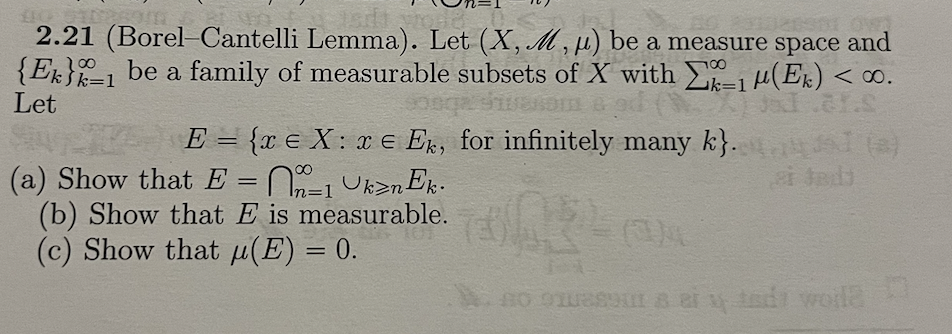 Solved 2.21 (Borel-Cantelli Lemma). Let (X,M,μ) be a measure | Chegg.com