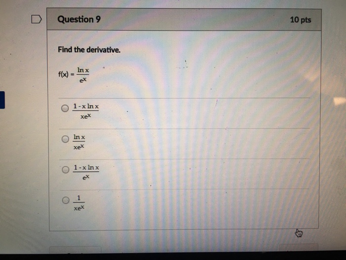 Solved Find the derivative. f(x) = ln x/e^x 1 - x ln x/x | Chegg.com