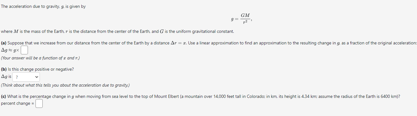Solved The acceleration due to gravity, g, is given by | Chegg.com
