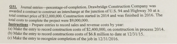 Solved Journal entries-percentage-of-completion. Drawbridge | Chegg.com