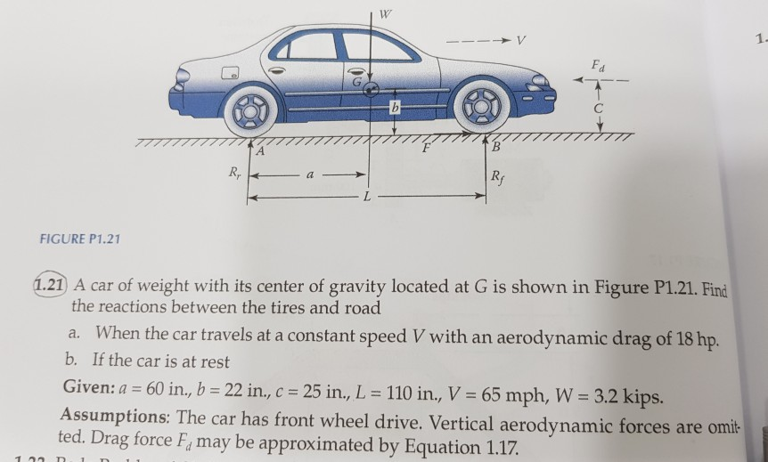 Solved 1. R, FIGURE P1.21 21 A car of weight with its center | Chegg.com