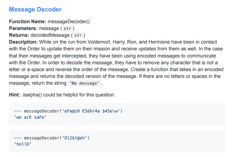 Solved Message Decoder Function Name Messagedecoder 