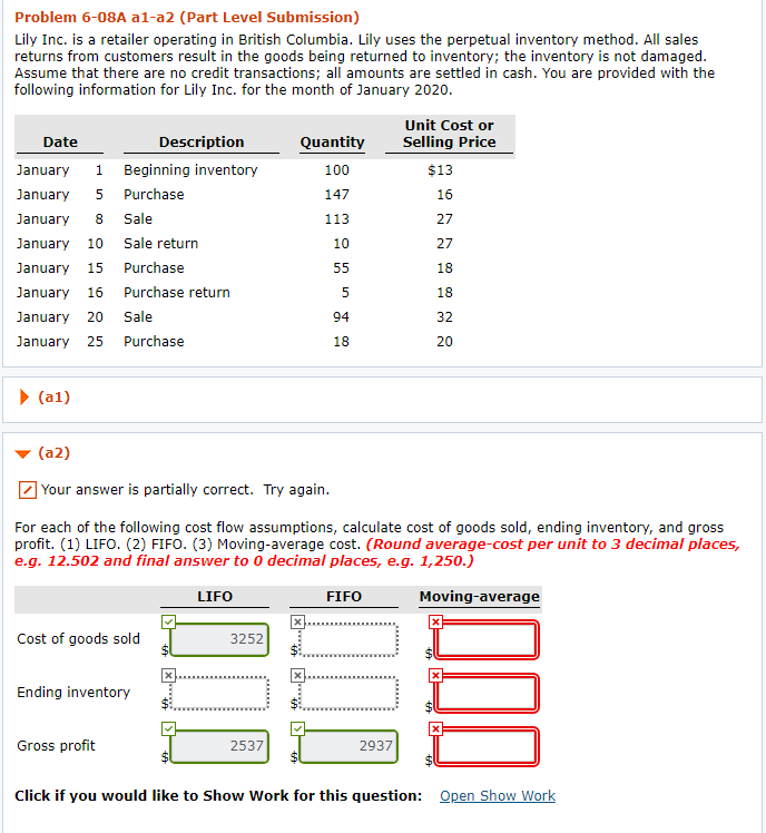 Solved Problem 6-08A al-a2 (Part Level Submission) Lily Inc. | Chegg.com