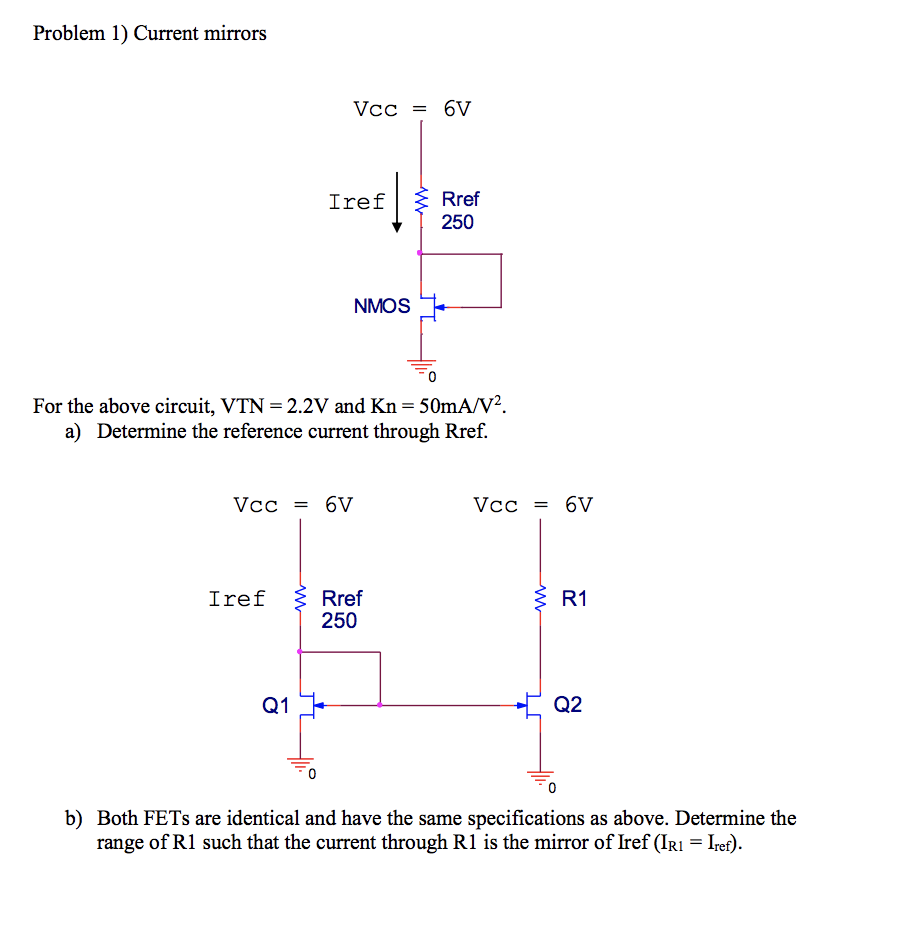 Solved Problem 1) Current mirrors Vcc = 6V Iref & Rref 250 | Chegg.com