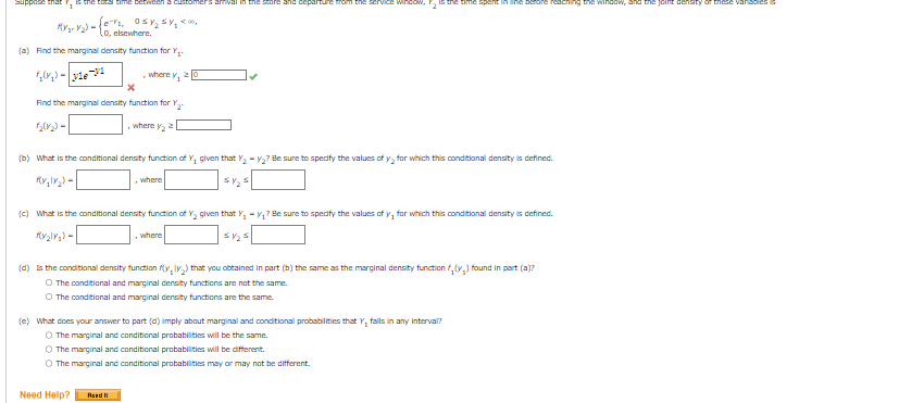 Solved f(y1,y2)={e−r1,0≤y2≤y1
