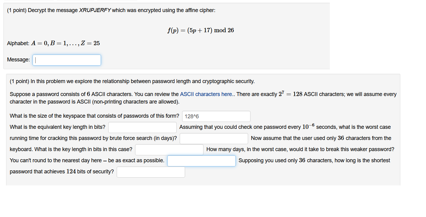 Solved (1 point) Decrypt the message XRUPJERFY which was | Chegg.com