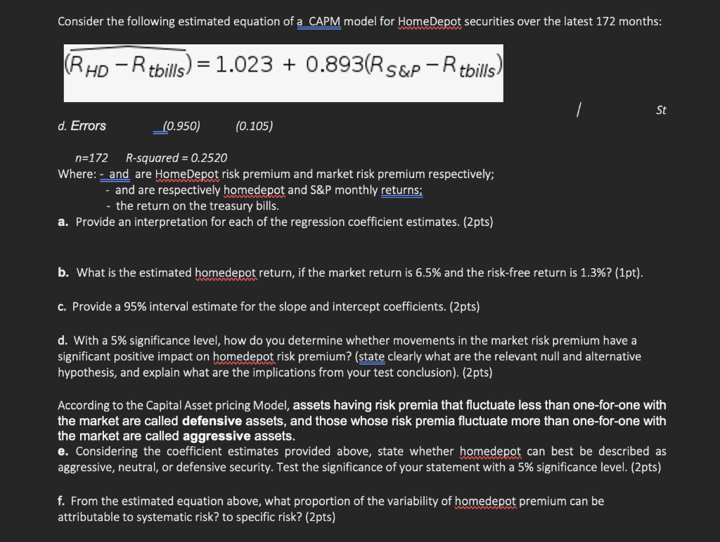 Consider the following estimated equation of a CAPM | Chegg.com